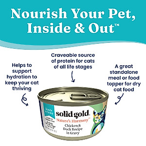 Solid Gold Canned Cat Food - Nature's Harmony Wet Cat Food Shreds in Gravy - Grain & Gluten Free Cat Wet Food Made with Real Chicken & Duck for Sensitive Stomach Support & Digestive Health - 24 Pack