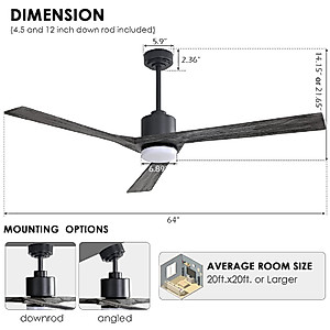 WINGBO 64" DC Ceiling Fan with Lights, 3 Reversible Solid Wood Blades, 6-Speed Noiseless DC Motor, Matte Black Finish Ceiling Fan with Remote, Gray