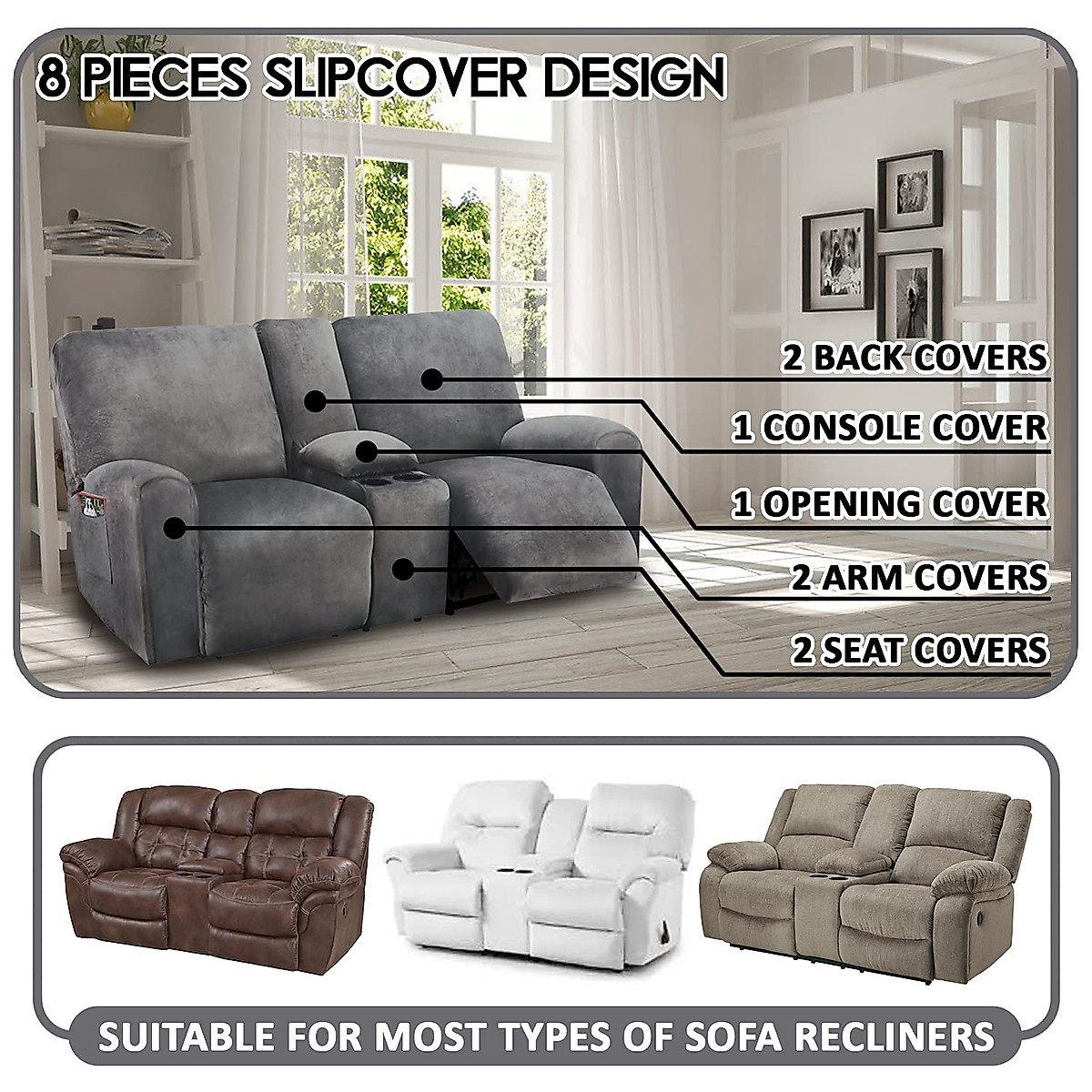 ULTICOR Reclining Loveseat with Middle Console Slipcover, 8-Piece Velvet Stretch Sofa Covers, 2 seat Loveseat Recliner Cover, Thick, Soft, Washable(Dark Grey)