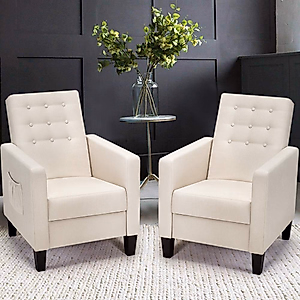 ECOTOUGE Massage Mid-Century Modern Fabric Recliner, 2 Set of Push Back Recliner Chair w/Side Pocket and Button Tufted Single Sofa Chair for Adults Livingroom Bedroom Home and Office, Beige
