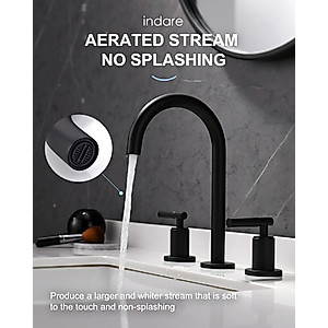 Matte Black Bathroom Faucet, Indare 360° Swivel Spout Two Handles Widespread 4 Inch 8Inch Brass Bathroom Sink Faucet 3 Hole with Pop-Up Drain and Water Supply Lines, Upgraded Style