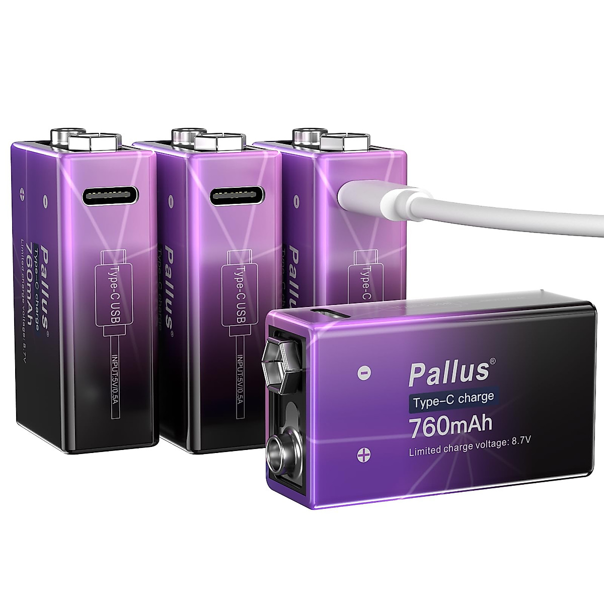 Pallus 9V Rechargeable Battery Pack, 4-Pack 760mAh Li-ion USB 9 Volt Battery for Smoke Alarms, Wireless Microphones, Smoke Detectors, Toys, Flashlights, Guitar