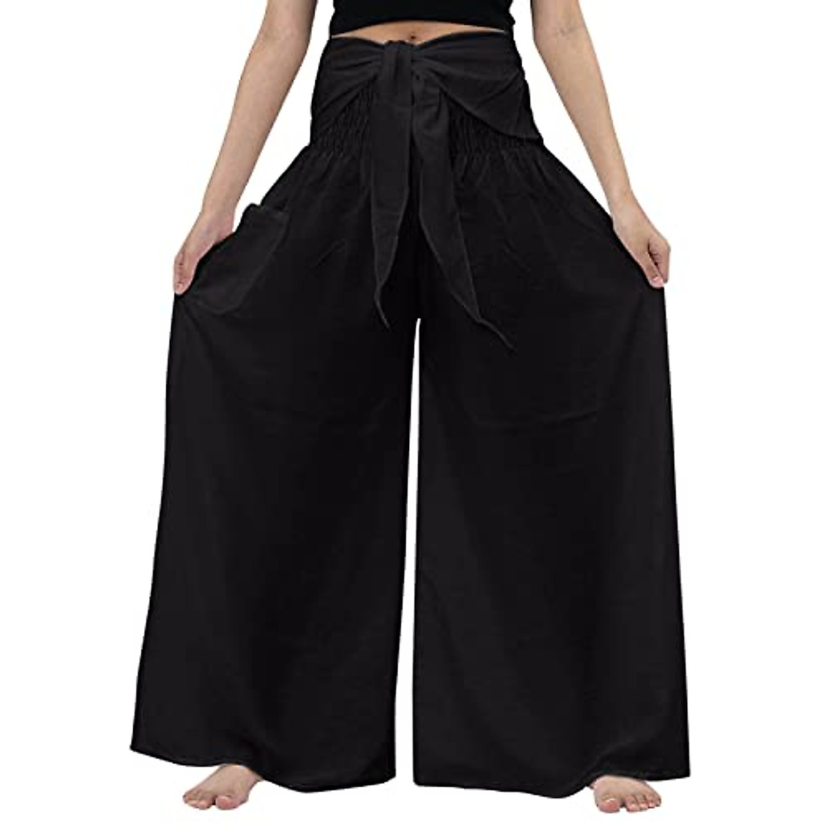 Qwent Casual Work Pants Women Loose Boho Yoga Pants with Pockets High Waist Over Pants Wide Leg Plus Size Fold Stretchy Pants Black
