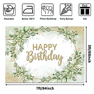 Avezano Sage Green Birthday Party Decorations Sprinkle Gold Dots Happy Birthday Backdrop Greenery Leaves Bday Photoshoot Background Banner (7x5ft)