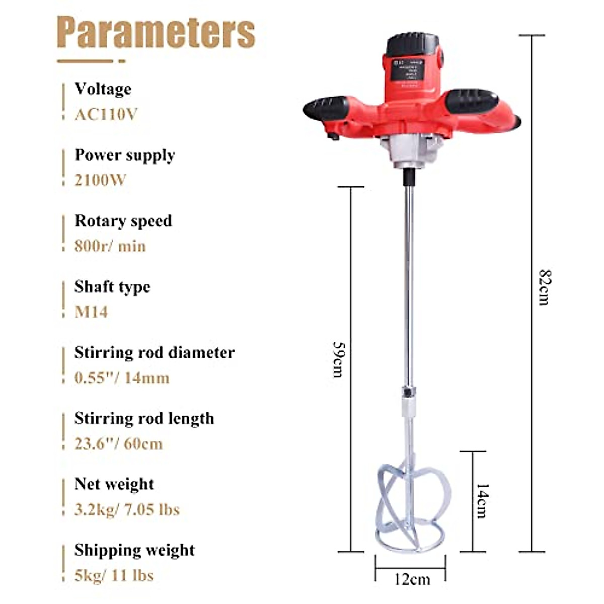 Portable Concrete Mixer 110V 2100W Electric Handheld 6 Gears for Thinset Cement Plaster Grout Paint Mud Mixing with 23.6" Stirring Rod (Red)