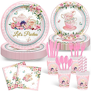 Avezano 192 Pcs Tea Party Decorations Tea Party Plates and Napkins Sets Floral Lets Partea Tableware Tea Party Supplies for Baby Shower Bridal Shower Wedding Birthday Decor Serves 24 Guests