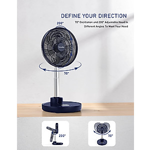 FARADAY Oscillating Standing Fan 12” Foldable Portable Quiet Floor Fan 12000mAh Rechargeable Pedestal Fan with Remote, Timer Setting, Height Adjustable Foldaway Fan for Bedroom Home Office, 6 Speed