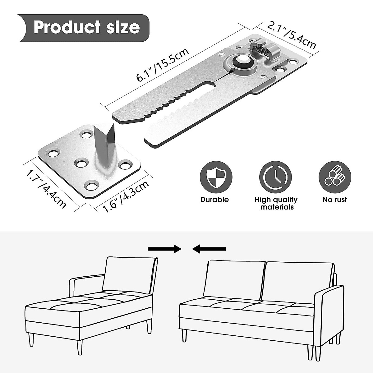 Dolenor Sofa Connector, Heavy Duty Sofa Snap Furniture Invisible Connector Head Snap with Mounting Screws, Sofa Connector Bracket for Loveseat Sofa and Other Furniture (Sofa Alligator Clips 2 Pairs)