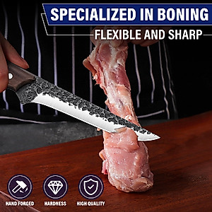 TAN REN Boning Knife Set, 6PCS Butcher Knife Set for Meat Cutting, Hand Forged Skinning Set with Sharpening Rod, High Carbon Steel Meat Trimming Knife for Kitchen & Outdoor, Christmas Gift for Men