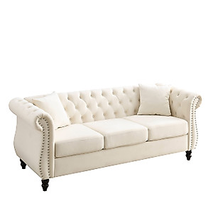 80" Chesterfield Sofa Couch Velvet 3-Seater Sofa with Two Pillows, Nailhead & Rolled Arms Upholstered Sofa with Curved Backrest Solid Wood Legs for Living Room, Bedroom, Office (Beige)