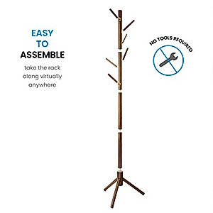 ZOBER Coat Rack Free Standing - Wooden Coat Tree W/ 6 Hooks - Coats, Purses, Hats - Adjustable Sizes, Easy Assembly - Vintage