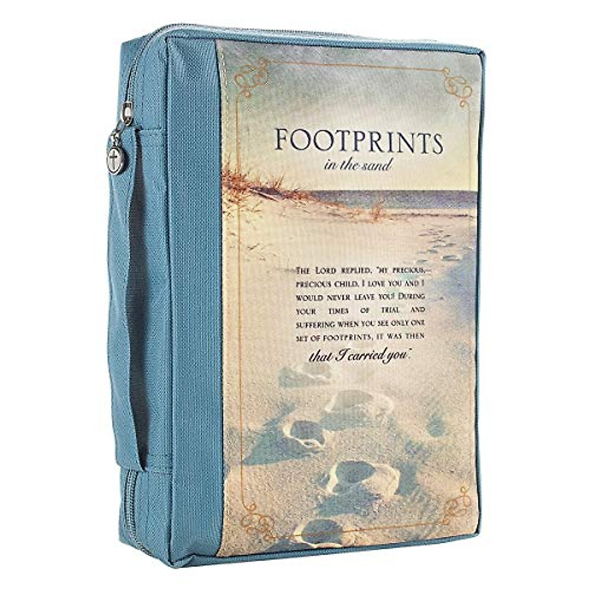 Christian Art Gifts Men/Women's Bible Cover Footprints, Blue Canvas, Large