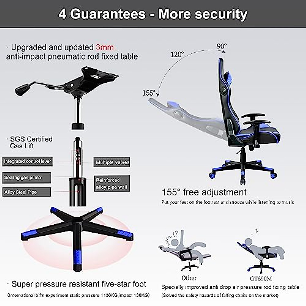 GTRACING Gaming Chair with Speakers Bluetooth Music Video Game Chair Audio Ergonomic Design Heavy Duty Office Computer Desk Chair（Blue）