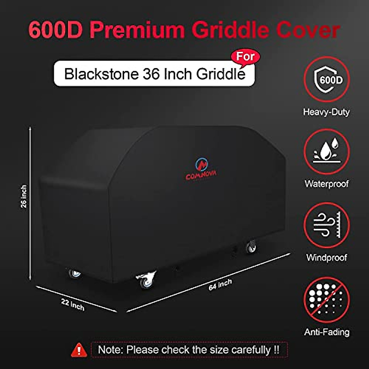 Comnova Griddle Cover for Blackstone Griddle 36 Inch - 600D Flat Top Grill Cover for Blackstone 4 Burner Griddle Heavy Duty & Waterproof, Outdoor 36" Griddle Cover for Blackstone 1554, 1825 and More