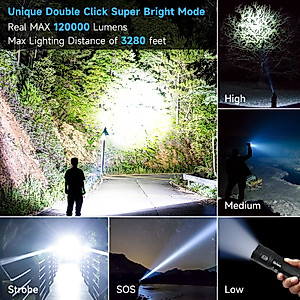 Rechargeable High Lumens, Super Bright Flashlights with COB Work Light, High Powered, Powerful Handheld Led Tactical Flashlights for Emergencies Camping Hiking,120000 Lumens