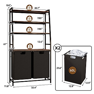 Moozerka Laundry Hamper with Shelves and Hooks, 4 Tiers Tall Laundry Basket with 2 Removable Laundry Bags, Laundry Sorter with Ladder Shelves for Laundry Room Bathroom Bedroom