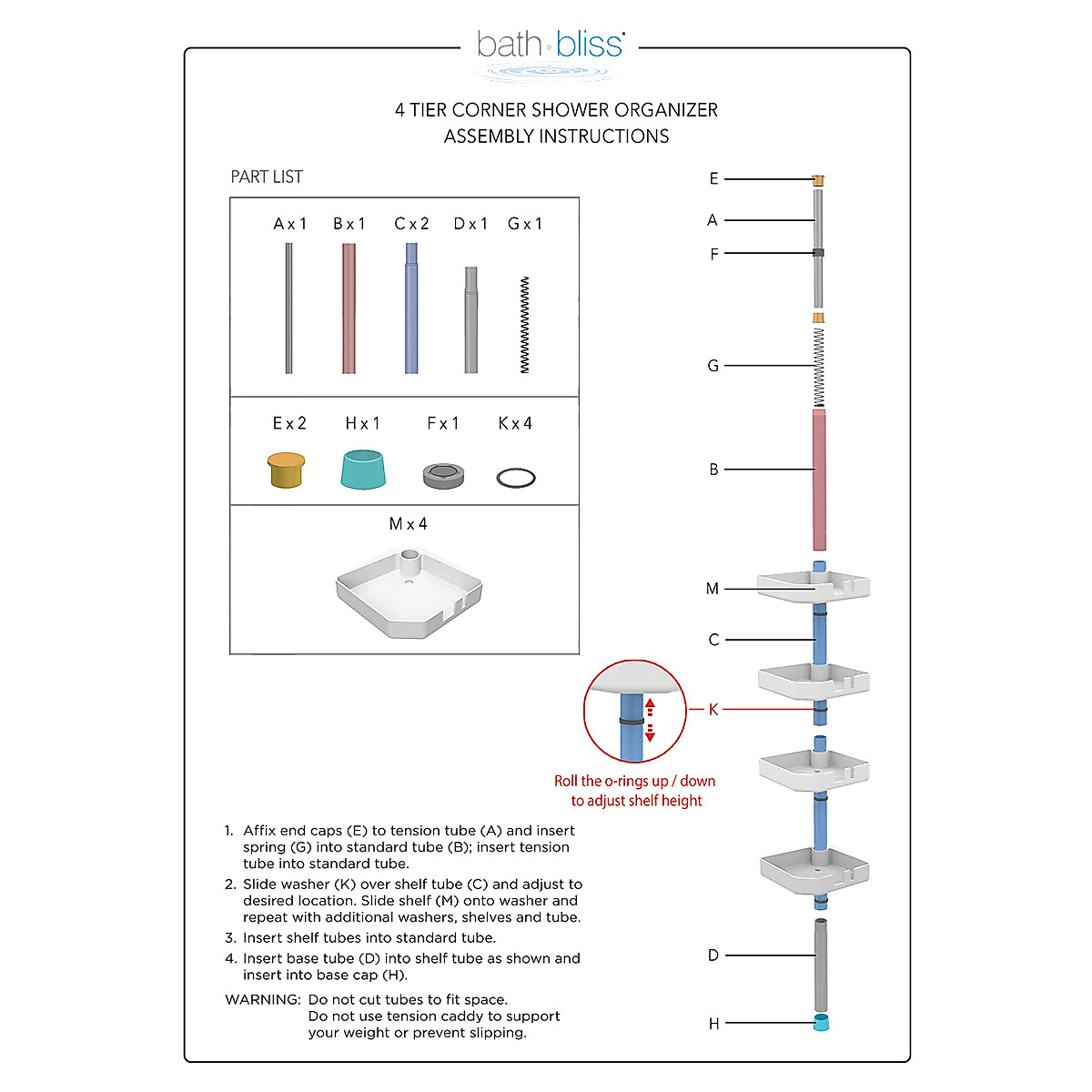 Bath Bliss 4 Tier Tensions Corner Shower Caddy Shelves Adjustable 48“-101” Bathroom Organizer Bathtub and Shower Stall Holds Large Bottles Soap Shampoo Washcloths Matte Black