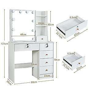 Vanity Desk with Lights and Mirror, Vanity Table with 6 Drawers and Stool, 3 Light Color Modes, Modern Makeup Vanity with Hidden and Open Storage Shelves, White