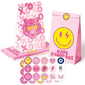 AellasNervalt 26Pcs Preppy Party Favor Bag with Stickers Y2k Hot Pink Smile Face Tiger Goodie Bags Paper Treat Bag Candy Gift Bags Supplies for Teen Girls Birthday Bachelorette Early 2000s Theme Party