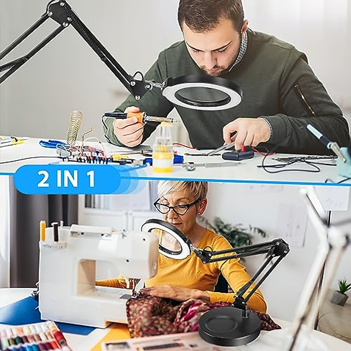 MagnieOpti 10X Magnifying Glass with Light and Stand, 5 Color Modes Stepless Dimmable 4.3" Real Glass Lighted Magnifier Hands Free 2-in-1 LED Magnifying Desk Lamp for Craft, Repair Close Work, Reading