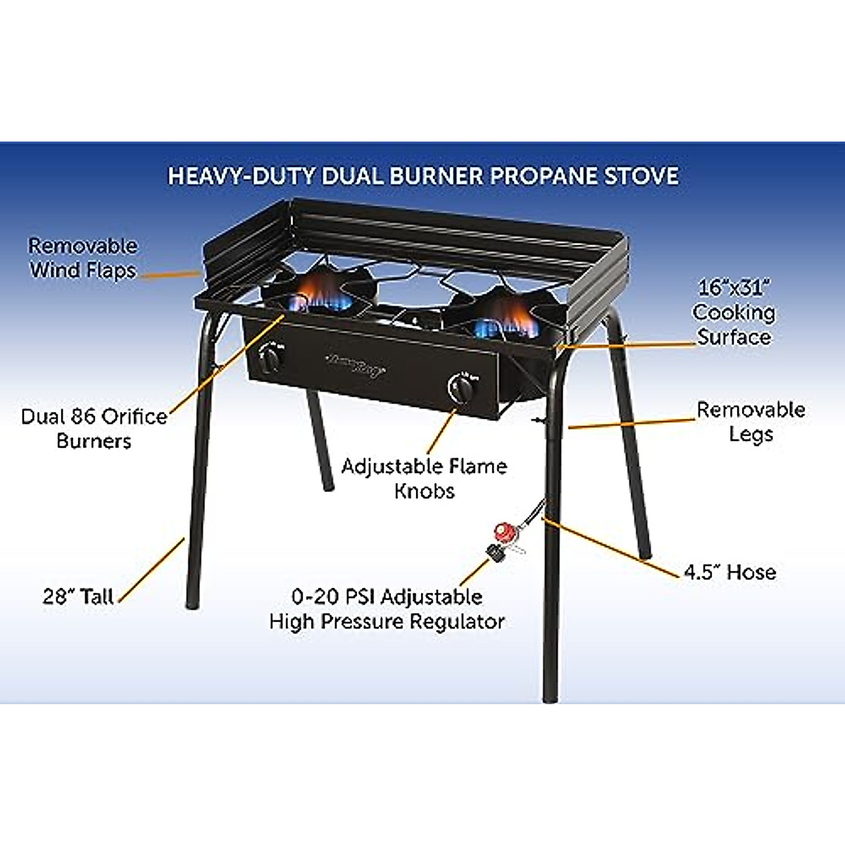 Flame King 200,000 BTU Propane Burner Gas Stove Heavy Duty Turkey Fryer/Camp Cooker, Portable with Stand Great for Outdoor Cooking, Home Brewing & Canning