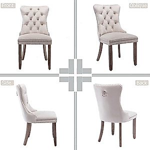 Rhomtree Set of 2 Fabric Dining Chairs Luxury Tufted Back with Nailed Trim and Back Ring Pull Home Kitchen Dining Room Chairs Armless Side Chairs Solid Rubber Wood Legs (Beige)