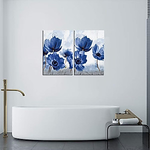 HJY Art 2 Piece Abstract Flower Wall Art for Bathroom Canvas Floral Wall Decor White and Blue Modern Home Living Room Dining Room Bedroom Office Painting Poster Framed Artwork (24''W x 32''H x2)