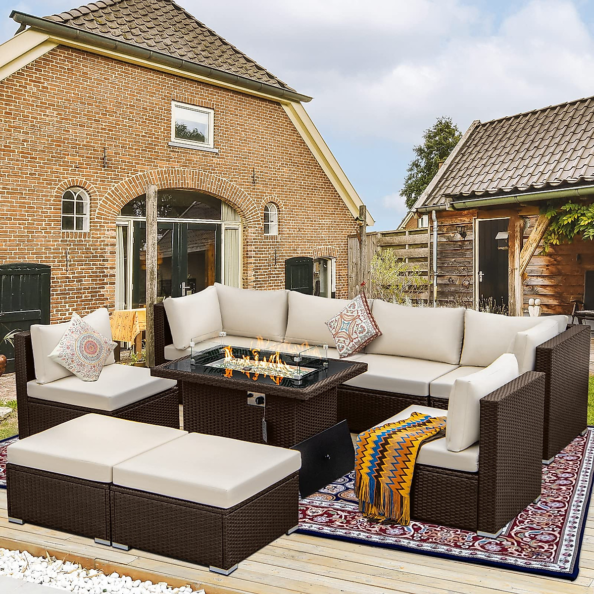 BULEXYARD High Back Brown PE Rattan Outdoor Patio Furniture Set with Propane Fire Pit Table, Large Wicker Outside Sectional Furniture Sofa Conversation Sets for Backyard(Beige, 9Pcs)
