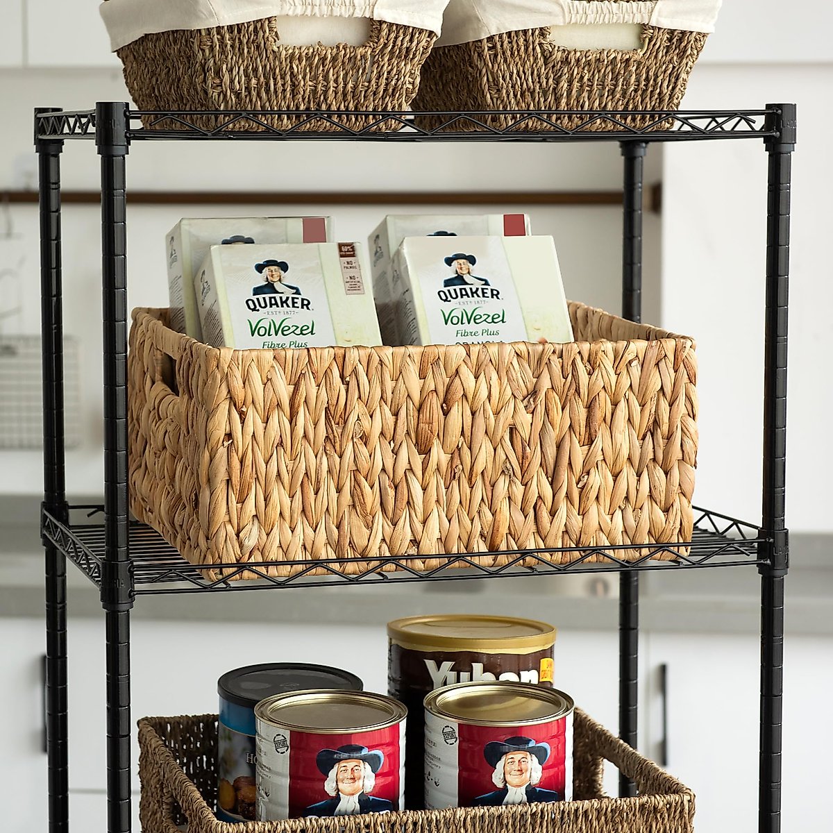 JS HOME Jumbo Wicker Basket for Orgainzing, Extra Large Rectangular Water Hyacinth Storage Wicker Shelf Basket with Built-in Handles, 1 Pack