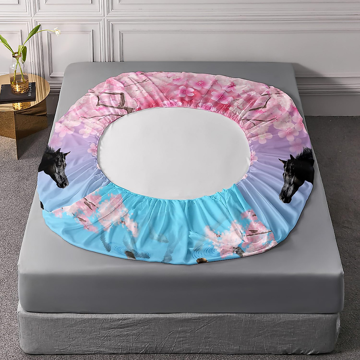 AILONEN Horse Bedding Set Twin XL Size - Galloping Black & White Horses Bed Sheet 3 Pieces Set for Kids Girls - Pink Cherry Sheet Animals Theme Fitted Sheet and 2 Pillowcases