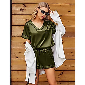 Ekouaer Women Satin Sleepwear Slip 2 Piece Pajamas Silk Pjs Short Sleeve Top and Loose Shorts Outfits Set Army Green XL