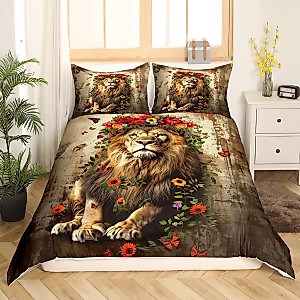 Castle Fairy Lion and Rose Bedding Set,Butterfly Flowers Duvet Cover for Kids Teens,Lions Pattern Comforter Cover Decorative Room,Wild Animals Quilt Cover with 2 Pillowcases,King Size(No Comforter)