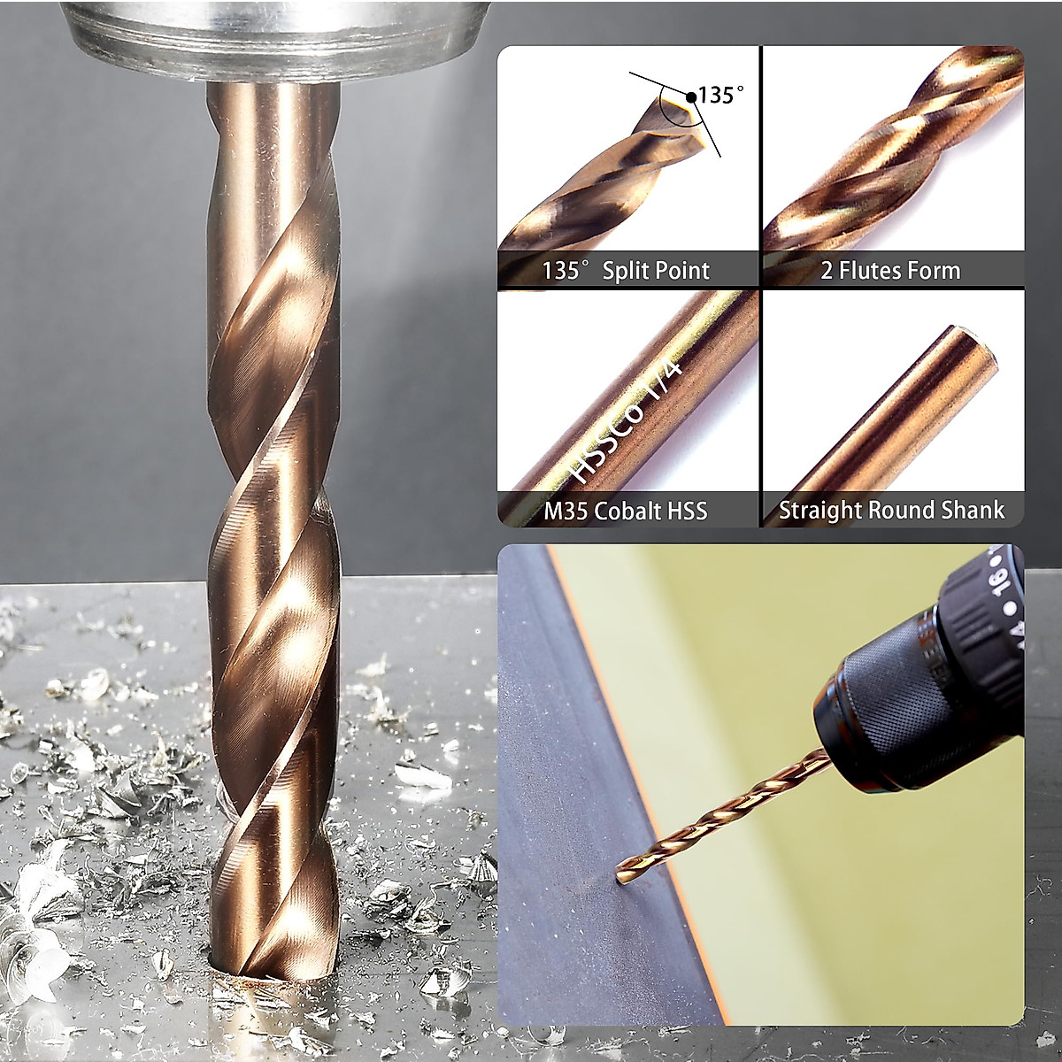 KENDO 13PCS Cobalt Drill Bit Set(1/16"-1/4"), M35 High Speed Steel, 135 Degree Tip, Twist Jobber Length Drill Bits Set for Hard Metal, Stainless Steel, Cast Iron and Wood with Metal Storage Case