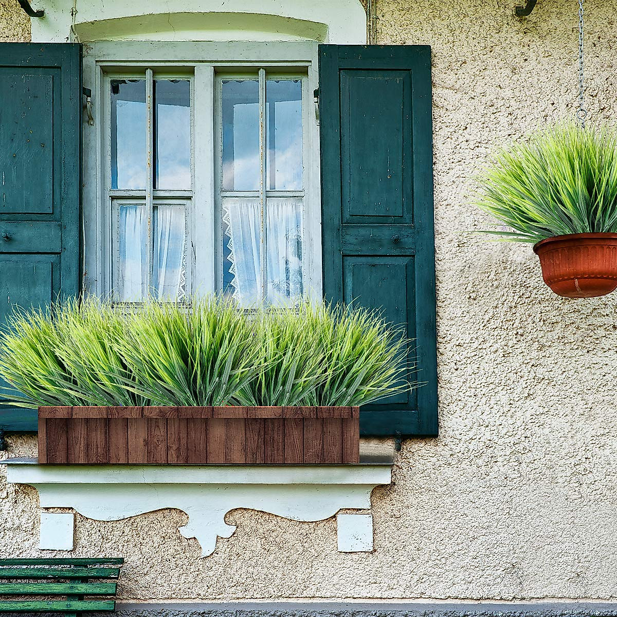 ZEOSTARO Artificial Grasses 12 Bundles Outdoor UV Resistant Fake Grass No Fade Faux Plastic Plants Garden Window Box Decorating(Green Grass)