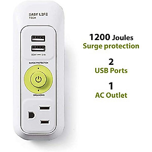 Travel Outlet Extender with Surge Protection 1 Outlet 2 USB for Home, Hotel, and Office by Easylife Tech