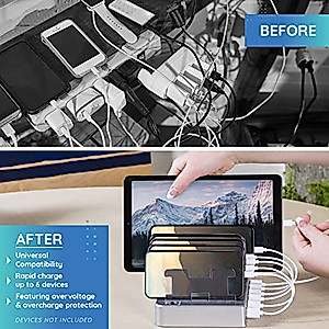 Hercules Tuff Charging Station for Multiple Devices - 6 Ports, iOS & Micro USB Compatible w/Cell Phones, Smart Phones, Tablets, & Other Electronics - White Elephant Gifts, Stocking Stuffers - Silver