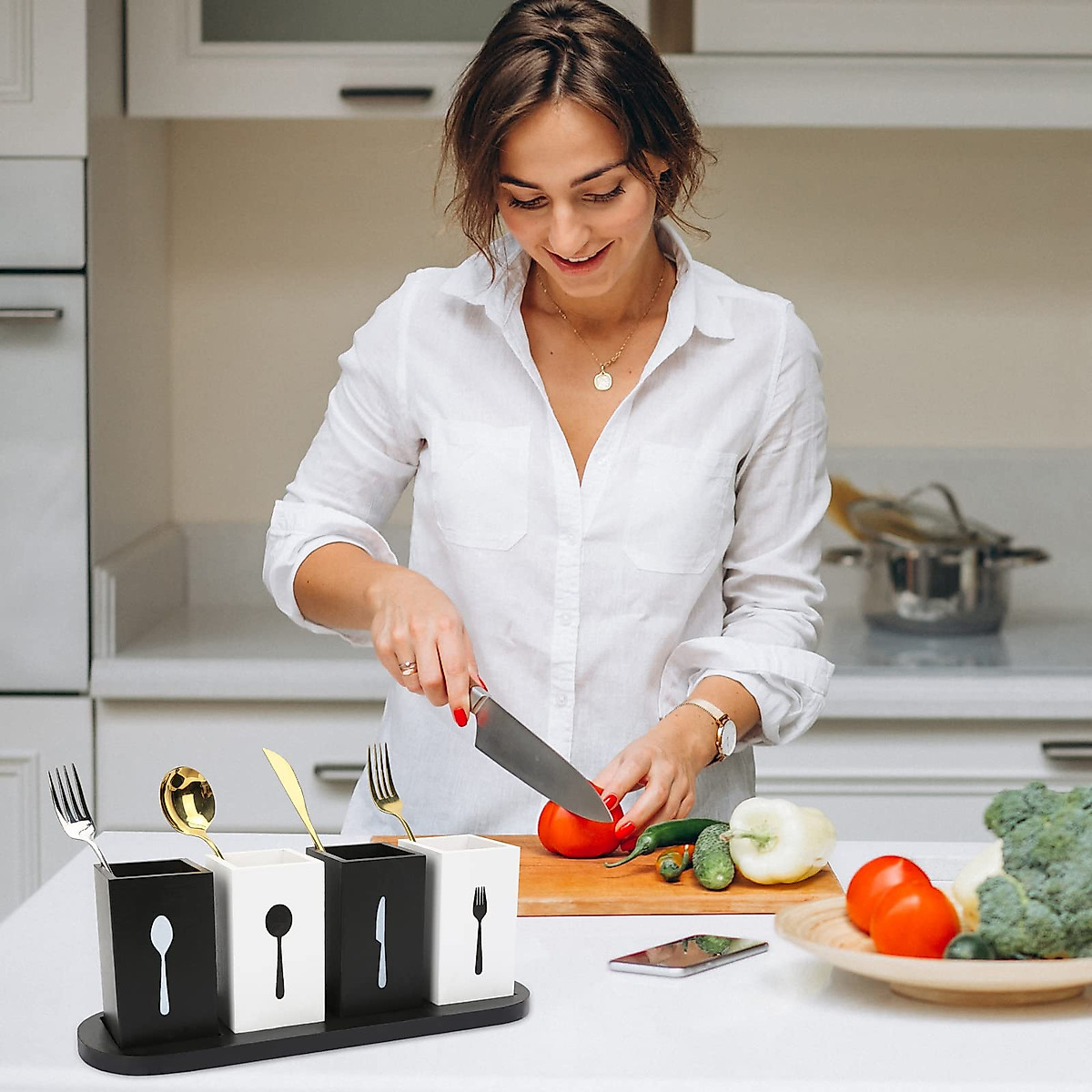 5 Pieces Silverware Holder with Wood Tray, Farmhouse Silverware Holder, Wooden Silverware Organizer, Spoon Fork Holder, Wooden Cutlery Holder, Flatware Organizers for Knives Restaurant Kitchen Storage