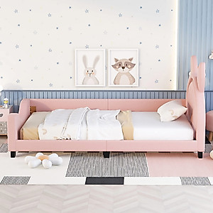 Aiuyesuo Leather Upholstered Tufted Daybed with Carton Ears Shaped Headboard, Wooden Twin Size Low Profile Captain's Sofa Bed Frame for Kids Boys Girls Bedroom, Living Room (Pink-TH1123)