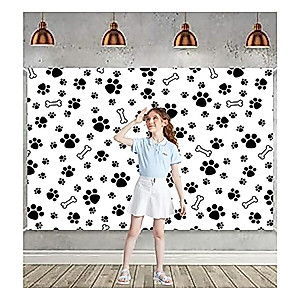 MAQTT Black Puppy Paw Print Backdrop Decoration for Baby Shower White Bone Photo Background Kids Birthday Party Supplies Wall Paper Table Decor Photo Props 5x3ft