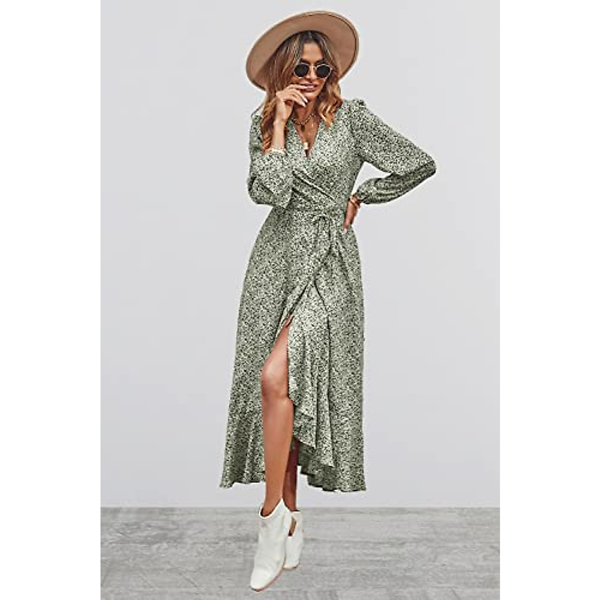 PRETTYGARDEN Women's Bohemian Dress Wrap V Neck Long Sleeve High Split Flowy Ruffle Floral Maxi Dress with Belt (Green, Medium)