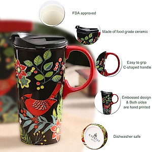 CEDAR HOME Coffee Ceramic Mug Porcelain Latte Tea Cup With Lid in Gift Box 17ounce. Cardinal Bird