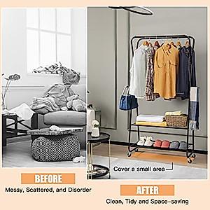 Tangkula Heavy Duty Clothes Rack with Shelves, Double Rod Rolling Garment Rack on Wheels with 4 Hooks, Portable Hanging Clothes Rack for Organizing Clothes and Shoes, Freestanding Clothing Racks