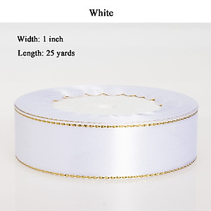 YASEO 25 Yards 1 Inch White Satin Ribbon with Gold Edges, Gold Border Fabric Ribbons for Gift Wrapping and Crafts