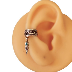 Handmade Single Sterling Silver Ear Cuff Wide Band & Feather Turquoise - Adjustable Clip On Non Piercing Huggie Fake Earring - Dainty Ear Wrap Cartilage - MiYa Jewelry (Geometric Swirls)
