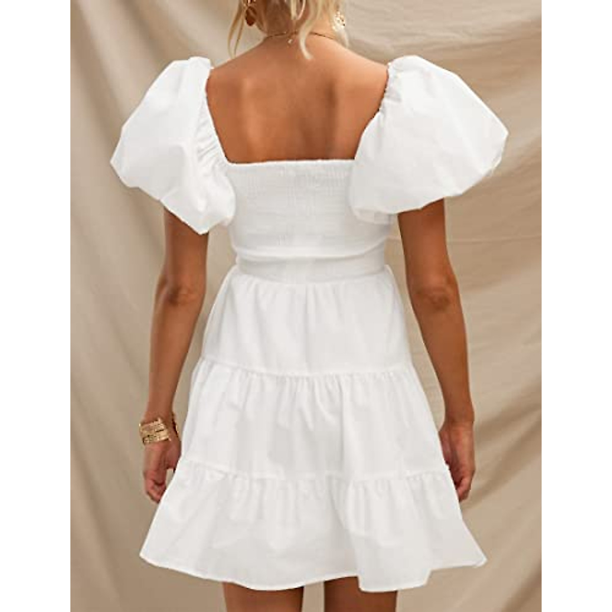 ZESICA Women's 2023 Boho Summer Square Neck Puff Sleeve Off Shoulder Smocked Tiered Casual A Line Short Mini Dress,White,Medium