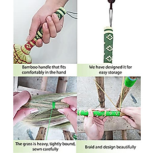 Natural Grass Asian,Brush Broom, Whisk Broom, Brush Wooden Handmade, Handle Bamboo, L16 in x 12in (Turquoise)