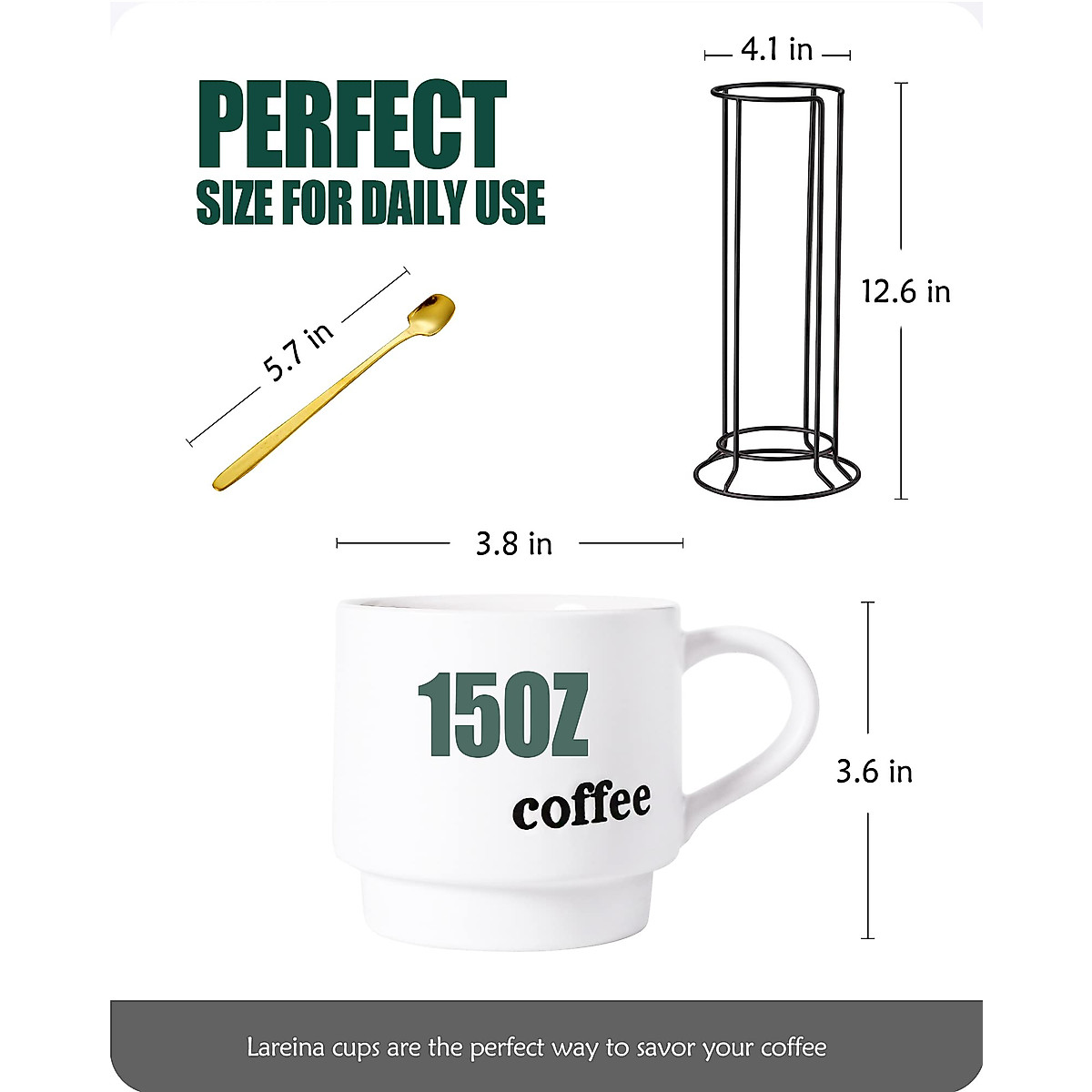 Lareina Porcelain Stackable Coffee Mug Set With Rack and Spoons, 15 Ounce Cappuccino Cup Set of 4 for Specialty Coffee Drinks and Tea - White