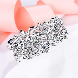 EVER FAITH Women's Austrian Crystal Stunning Hollow Floral Bridal Stretch Bracelet Silver-Tone