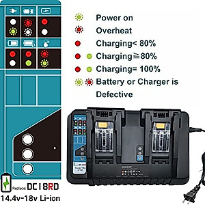 BATTOOL BL1830 18V 3.0Ah Battery and 6.0Ah Lithium Replacement Battery with DC18RD Dual Port Charger Compatible with Makita 18V Battery BL1860 BL1850 BL1840 BL1830 14.4V-18V Power Tools Battery