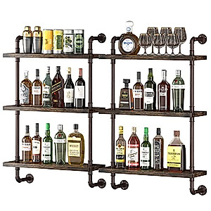 PUSDON Industrial Pipe Shelving Wall Mounted 24 Inch 3 Tier,Bathroom Bronze Metal Floating Shelves, Wood Hanging Storage Bookshelf (W24inch - 2 Sets) - Drak Coffee
